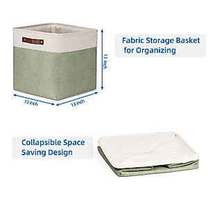 Temary Cube Storage Baskets for Shelves 4pack Fabric Storage Basket for Organizing Toys, Clothes, 13 Inch Storage Cubes with Leather Handles, Closet Baskets Nursery Home (White&Green)
