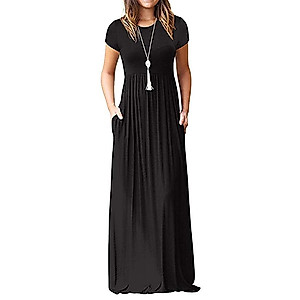 AUSELILY Women's Solid Plain Short Sleeve Round Neck Maxi Casual Long Dresses Black Large