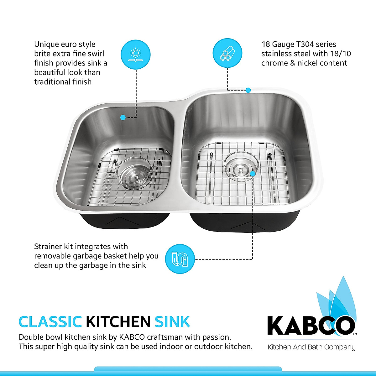 KABCO 32 Inch Double Bowl Stainless Steel Classic Kitchen Sink with Sink Strainers, Removable Garbage Baskets and Sink Grids Sound and Heat Proof 18 Gauge Undermount 40/60 Bowl Swirl Finish Sink