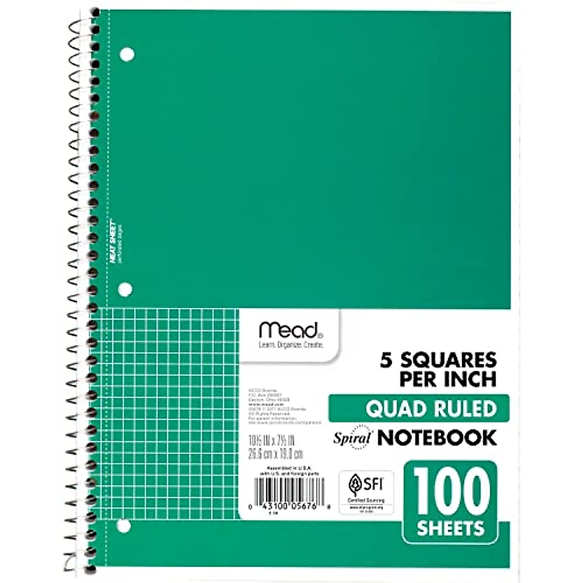 Mead Spiral Notebook, 1-Subject, Graph Ruled Paper, 7-1/2" x 10-1/2", 100 Sheets, Color Will Vary (05676)