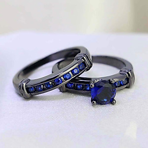 LOVERSRING Couple Ring Bridal Set His Hers Women Black Gold Filled Blue Agate Men Stainless Steel Wedding Ring Band