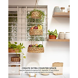 Hanging Fruit Basket 3 Tier for Kitchen, Handmade Natural Rattan Handwoven Wicker Seagrass Woven Wall Baskets Vegetable Organizer Produce Fruit Holder Counter Space Saver Storage Boho Hanging Planter