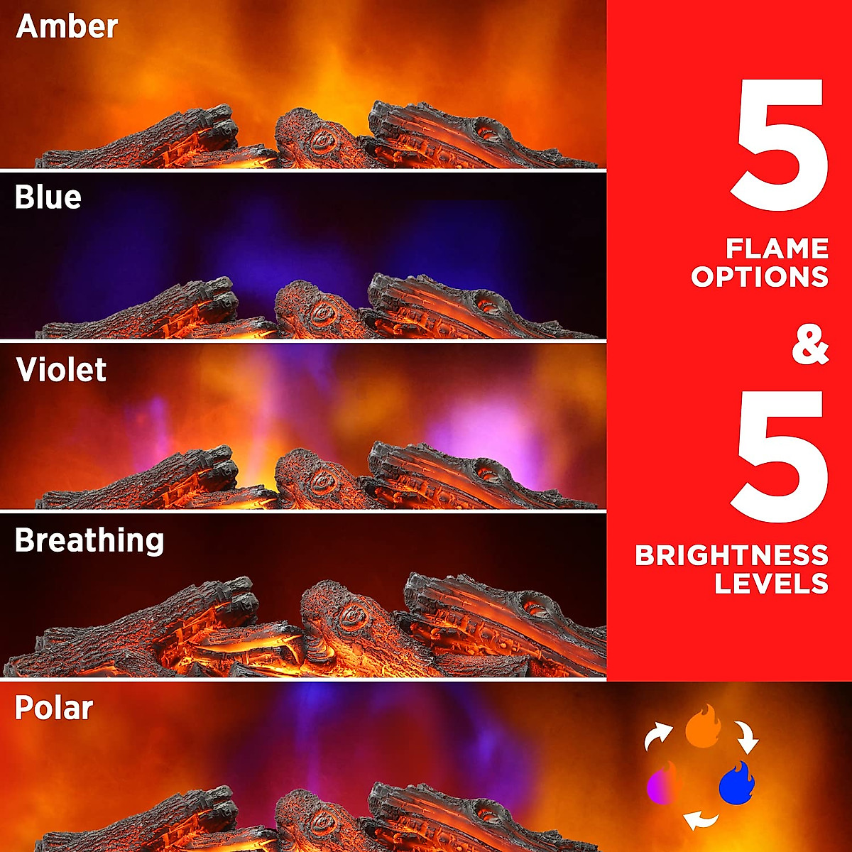 TURBRO Eternal Flame 26-Inch Infrared Quartz Electric Fireplace Log Heater, Realistic Lemonwood Logs, Adjustable Flame Colors, Remote Control, Thermostat, Timer, EF26-LG, 1500W