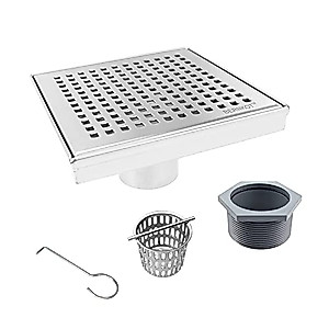 Bernkot Square Shower Drain 6", 304 Stainless Steel Floor Drain w/Hair Strainer, Grid Shower Drain w/CUPC Certified, Brushed
