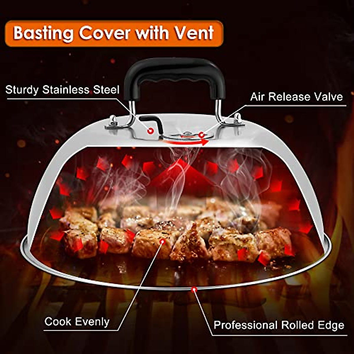 Leonyo 12 Inch Melting Dome & Burger Press, Round Basting Cover with Adjustable Vent, 5.5" Square Smash Bacon Griddle Press, Stainless Steel Flat Top Grill Accessories for Outdoor Kitchen BBQ Camping