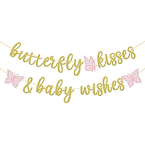 Butterfly Kisses and Baby Wishes Banner, Butterfly Themed Baby Shower Decorations for Girl, Pre-assembled, Gold Glitter