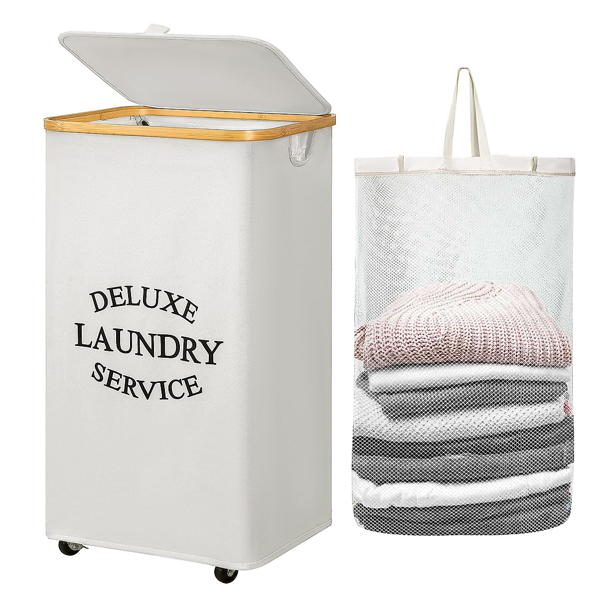 WOWLIVE 100L Laundry Hamper with Wheels,Large Laundry Basket with Lid and Bamboo Handles,Collapsible Clothes Hampers for Laundry with Removable Laundry Bag for Bedroom,Bathroom,Dorm,Beige