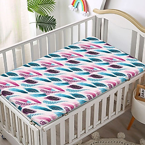 Feather Themed Fitted Crib Sheet,Standard Crib Mattress Fitted Sheet Ultra Soft Material-Baby Sheet for Boys Girls, 28“ x52“,Petrol Blue Pink Plum