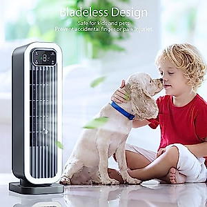 Small Tower Fans Oscillating Whisper Quiet for Home,15 Inch 12000mAh Battery Operated Bladeless Fan for Bedroom,Table Fan with Dimmable Lights, Portable Standing Fan Cooling Fan for Office,Living Room