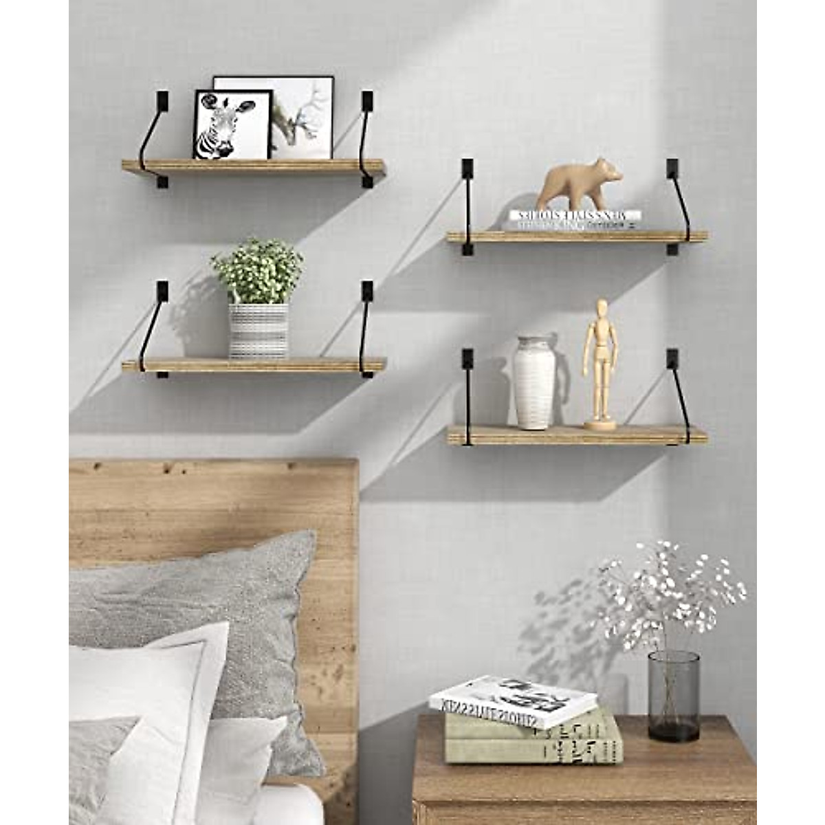 lamplig Floating Shelves Wall Mounted Set of 4, Rustic Wood Wall Storage Shelves with Black Metal Bracket Home Decor Storage Organizer for Bedroom, Living Room, Bathroom, Kitchen, Office