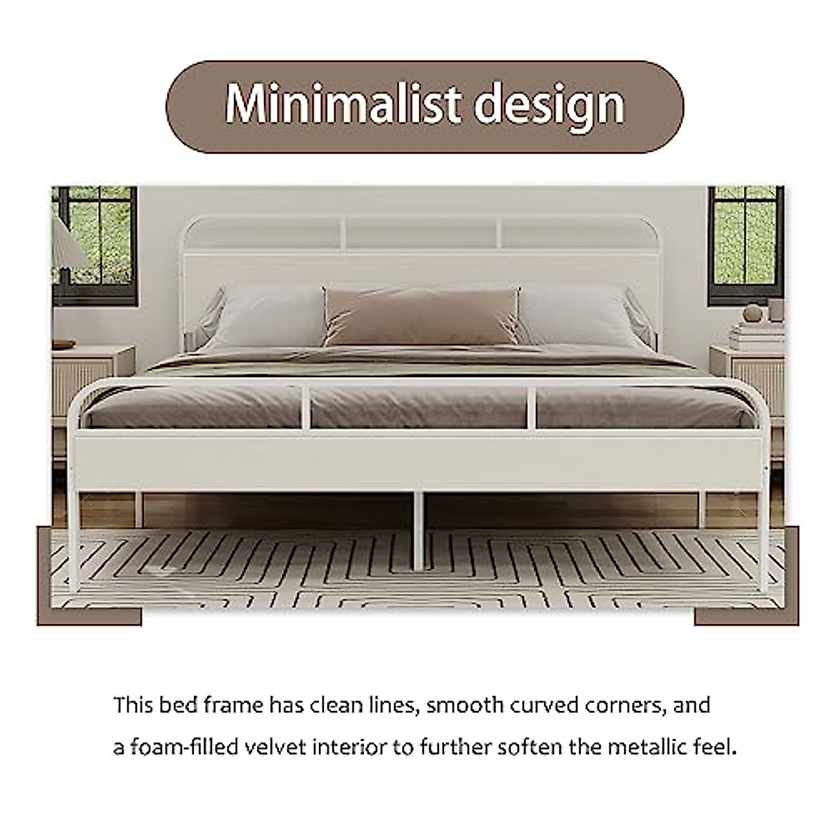 alazyhome Modern Queen Size Bed Frame, Metal Platform Bed with Velvet Upholstered Headboard, Steel Slats Support, Noise Free, Under-Bed Storage, Easy Assembly, White