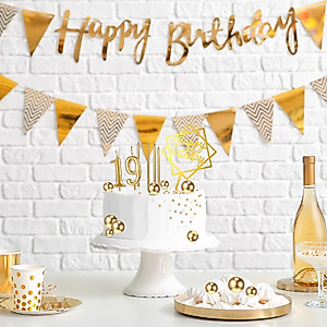 Yerliker 34 Pcs Happy Birthday Cake Toppers Decorations Birthday Candles for Men Women with 12 Long Thin Candles 10 Number Candles 9 Ball Cake Topper 3 Birthday Cake Topper(Gold)