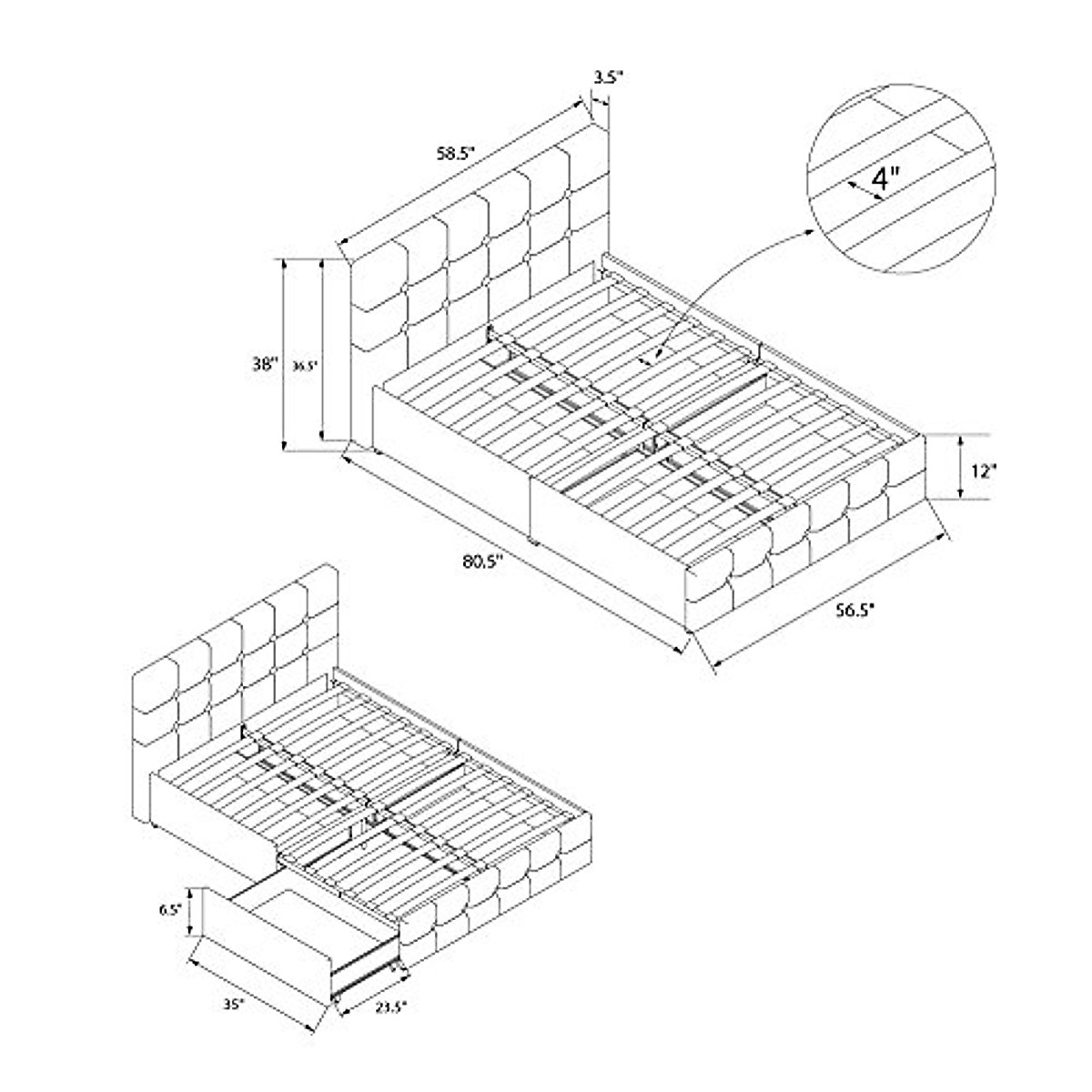 DHP Rose Upholstered Platform Bed with Underbed Storage Drawers and Button Tufted Headboard and Footboard, No Box Spring Needed, Full, Gray Linen