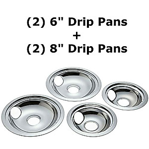KITCHEN BASICS 101 Made in the USA WB31T10010 and WB31T10011 Replacement Chrome Drip Pans for GE/Hotpoint Electric Range with Locking Slot - Includes 2 6-Inch and 2 8-Inch Pans, 4 Pack