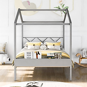 Bellemave Full Size House Beds Kids Montessori Bed with Headboard and Storage Footboard Wood Cabin Frame for Girls Boys Teens, Gray