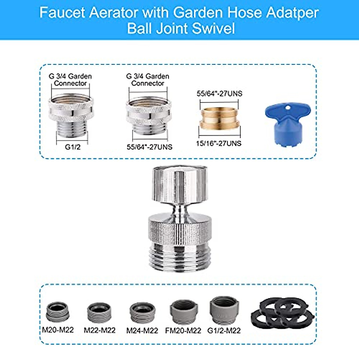 4 Pieces Garden Hose Adapter Kit Faucet Adapter Kit, Multi-Thread Sink to Hose Adapter Water Filter Adapter Female to Female / Male to Female, Swivel Faucet Aerator Adapter Water Hose Adapter