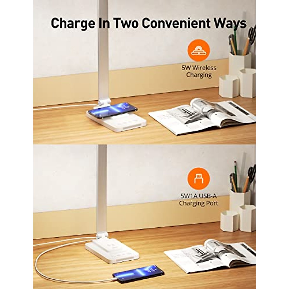 sympa LED Desk Lamp with Wireless Charger, Night Light, Dimmable Table Lamp with USB Charging Port, 5 Brightness & 5 Lighting Modes, 60 min Timer, Memory Function for Home Nail Office Reading