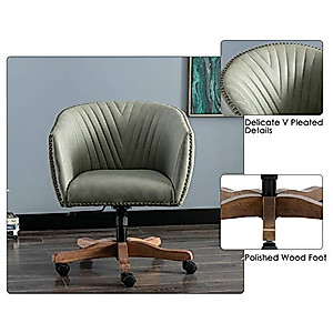 Guyou Barrel Home Office Desk Chair with Wood Base, Upholstered Ergonomic Accent Arm Chair with Luxurious Nailheads and Pleated Mid-Back for Home Studio Bedroom Vanity, Green in Faux Leather