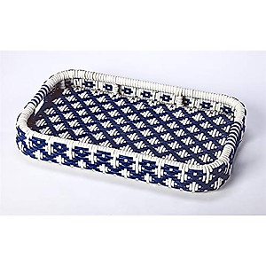 BOWERY HILL Transitional Selena Rattan Bar Cart in Blue and White