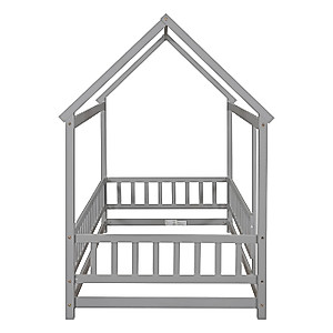 i-POOK Twin Size House Bed Wooden Floor Bed with Roof and Fence Guardrails Montessori Bed Playhouse Bed for Children Girls and Boys, Gray(No Bed Slats)