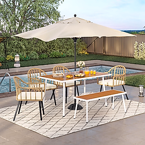 YITAHOME Outdoor Faux Wood Bench, Weatherproof Patio Bench with Slatted for 3, Backless Seat and Metal Frame, Outside Dining Bench for Garden, Porch, 47.2 x 15.7 x 17.7 Inch - Teak & White