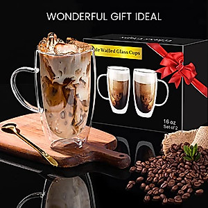 PARACITY Double Wall Glass Coffee Mugs 16oz with Handle, Coffee Cups Set of 2, Clear Borosilicate Glass Coffee Mugs, Perfect for Cappuccino, Latte, Espresso, Hot Beverage, Tea