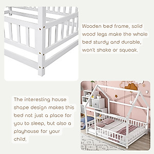 Full Size House Floor Bed Wooden Montessori Bed with Fence and Roof for Kids Playhouse Style Bed Frame for Girls Boys Teens, White