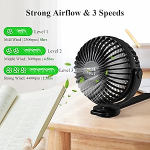 Minthouz Stroller Fan with Flexible Strap, 2000mAh Rechargeable Portable Fan 3 Speeds Personal Fan USB Mini Cooling Fan for Baby/Stroller/Car Seat/Bike -Black