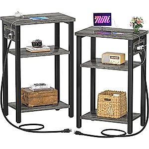 Aheaplus Sofa End/ Side Table Set of 2 with Charging Station, USB Ports & Outlets, 3 Tier Slim Narrow Bedside Nightstand with Storage Shelf for Bedroom, Living Room, Grey Oak