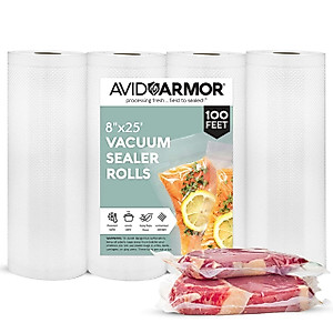 Avid Armor - Vacuum Seal Rolls, Vac Seal Bags for Food Storage, Meal Saver Freezer Vacuum Sealer Bags, Sous Vide Bags Vacuum Sealer, Non-BPA Vacuum Sealer Bags, 8 inches by 25 feet, Pack of 4