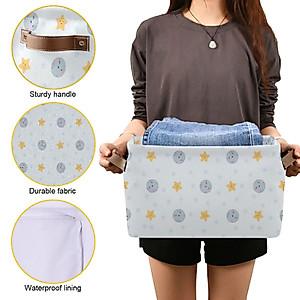KEEPREAL Cute Moon Stars Storage Basket Bin, Large Cube Storage Box Canvas Collapsible Storage Organizer for Home Office Closet - 15 L x 11 W x 9.5 H