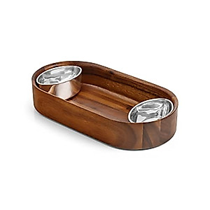 nambe Oblong Nest Chip and Dip Serving Bowl | Wooden Appetizer Platter Set with Oven Safe Metal Dip Cup for Salsa, Guacamole, Nacho, Vegetables | Measures at 13” L x 6.5” W | Designed by Neil Cohen