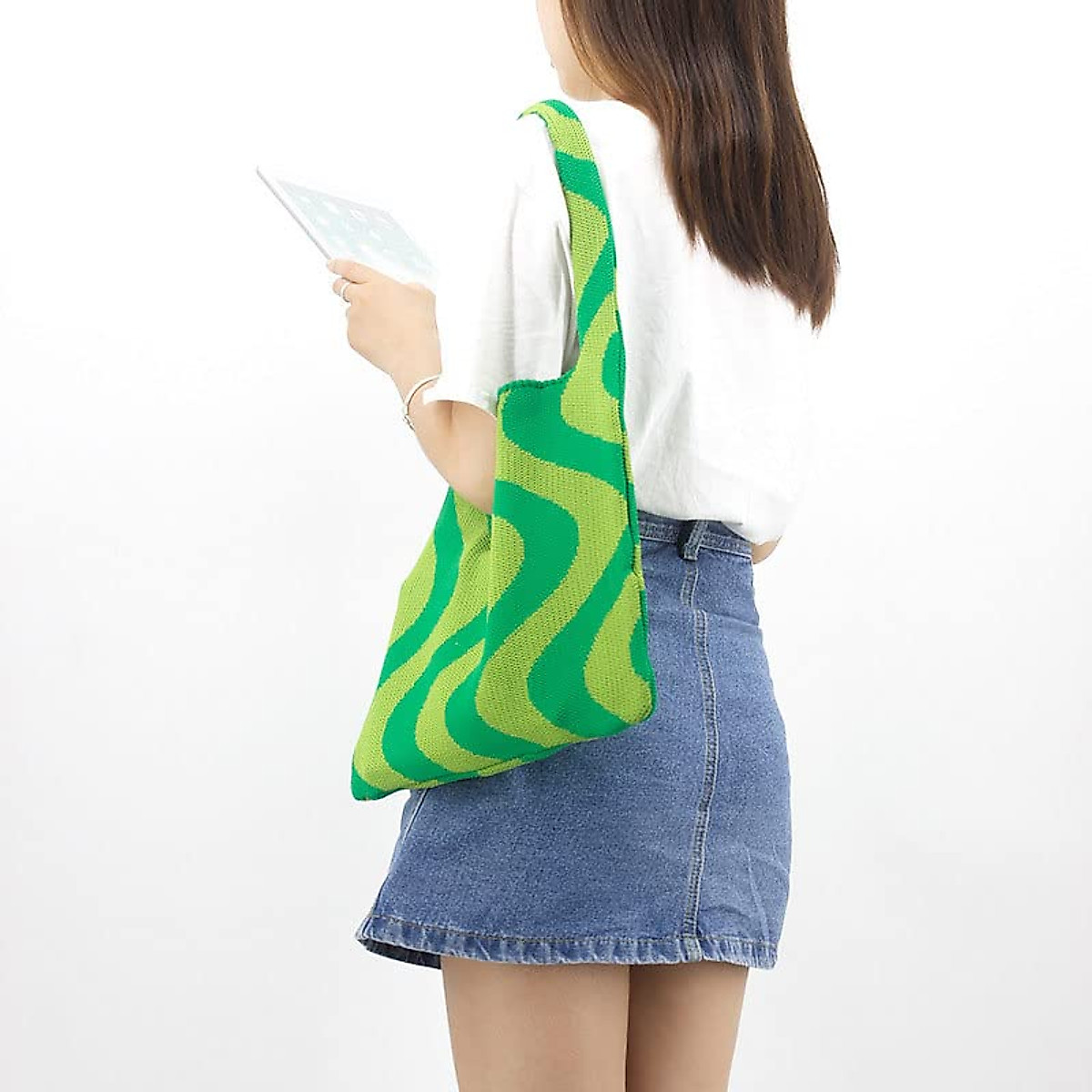 Woven Tote Bag, Knitted Messenger Bag Wavy Striped Shoulder Bag Underarm Colorblocking Women'S Bag (blue-green)