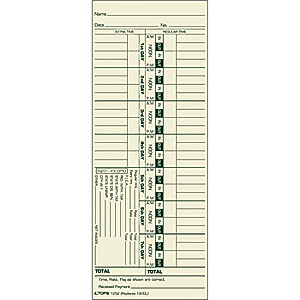 Tops Time Cards , Weekly, 1-Sided, Numbered Days, 3-1/2" x 9", Manila, Green Print, 500-Count (1252)