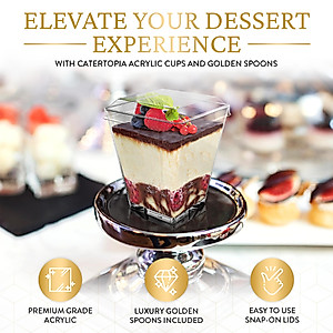 Mini Dessert Cups with Lids and Spoons (100 PACK) (Gold Spoons) - 5 oz Plastic Parfait Cups with Lids Reusable - Plastic Dessert Cups with Lids - Appetizer Cups - Clear Dessert Cups BPA Free Plastic