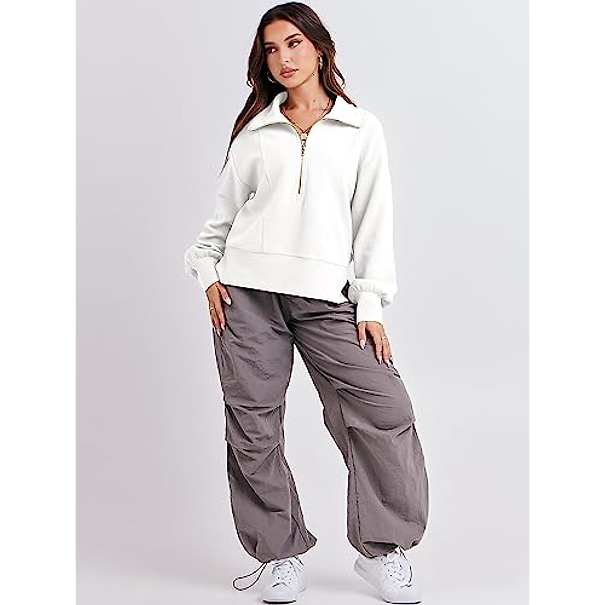 ANRABESS Women Sweatshirt Oversized Half Zip Hoodies Long Sleeve Cropped Fleece Comfy Quarter Zip Pullover Shirt Casual Ribbed Knit Sweater 2023 Fall Outfits Preppy Clothes Fashion Trendy 1050baise-S