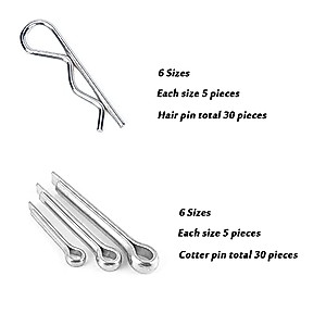 60 Pcs Cotter Pin Hair Pin Assortment Kit, Zinc Plated R Clip Key Fastener Fitting Set for Use on Hitch Pin Lock System Automotive Marine Tractors Mower Carts Truck Engine Repair, 12 Size 2 Style