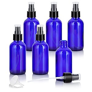 JUVITUS 4 oz / 120 ml Cobalt Blue Glass Boston Round Bottle with Black Treatment Pump (6 Pack) + Funnel