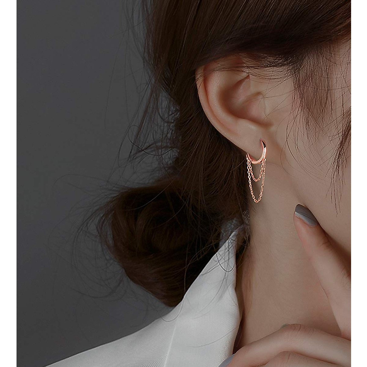 SLUYNZ 925 Sterling Silver Hoop Earrings for Women Minimalist Hoop Earrings Huggie Dangle Chain Tassel (B-Rose Gold Plated)