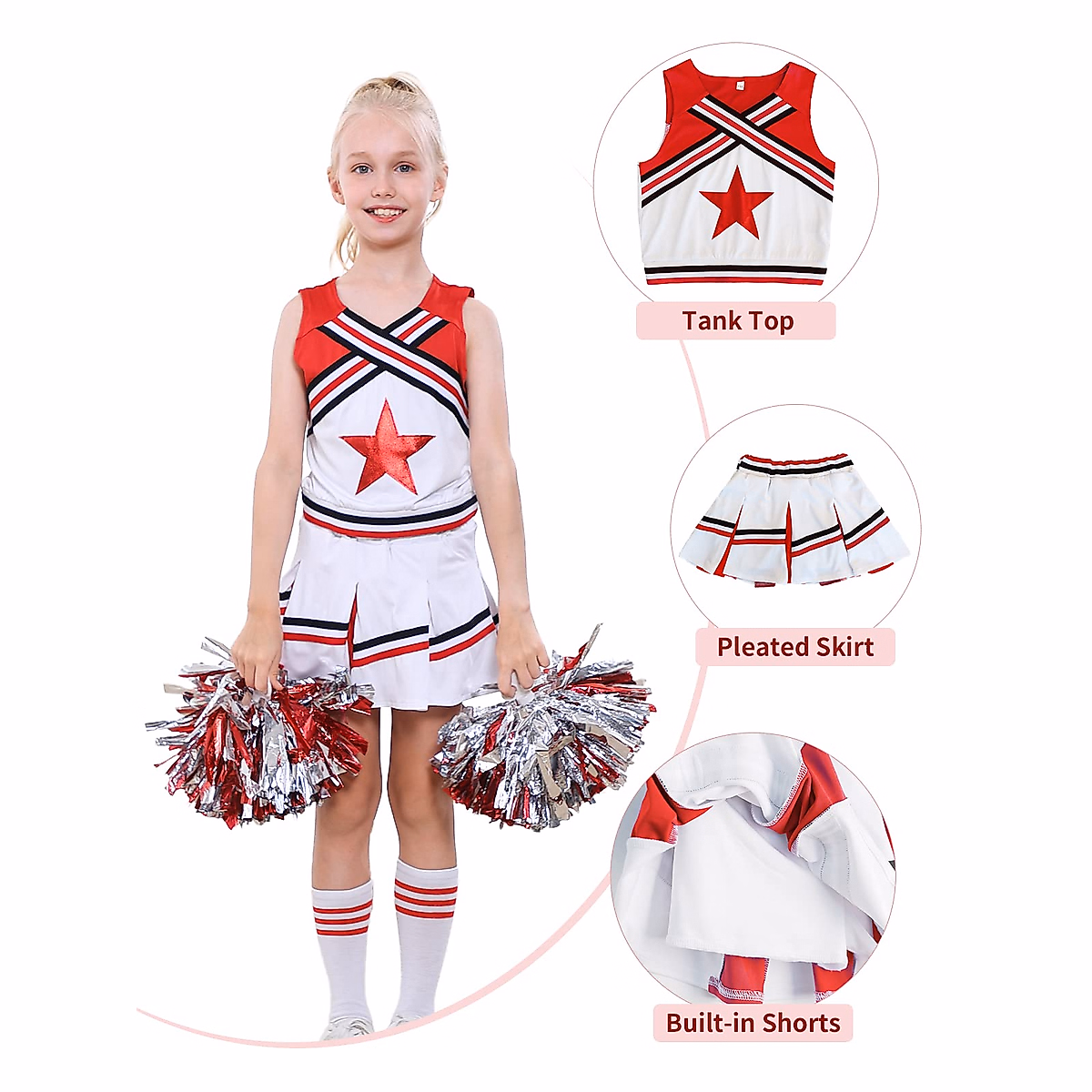 LOLANTA Little Girls Cheerleader Uniform Outfit Cheerleading Costume Fun Varsity Brand Youth Red White (Red, 5-6)