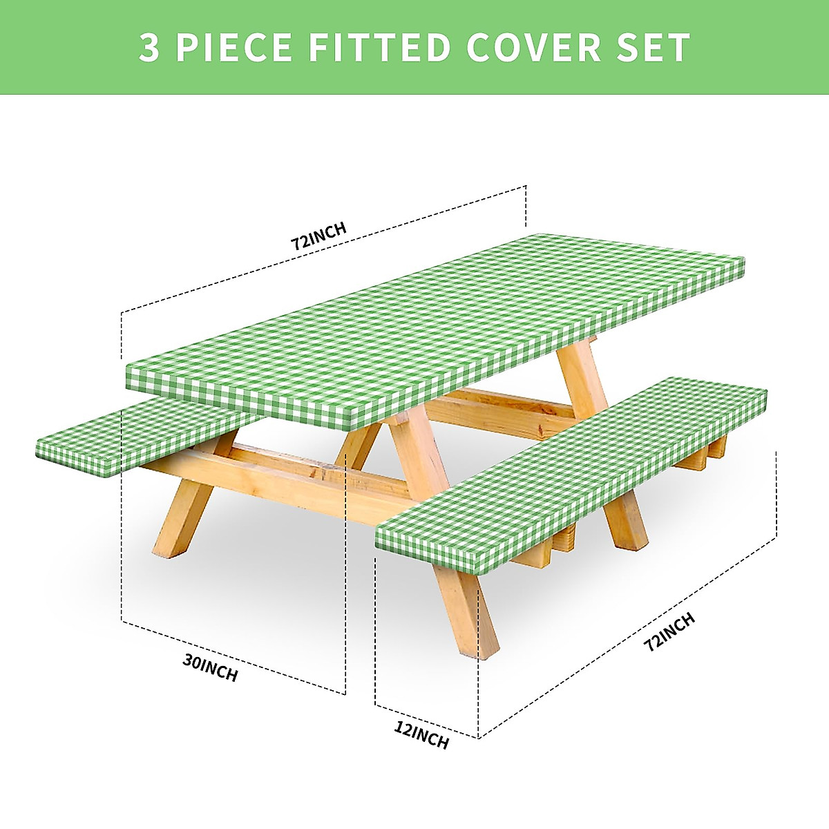 Raweao Picnic Table Cover with Bench Covers - 3 Piece Fitted Picnic Table Cover with Elastic Band and Flannel Backing, Picnic Table Cover for Outdoor, BBQ, Camping (30 X 72 Inch, Green)