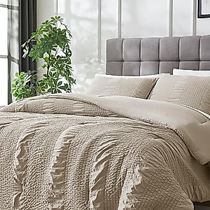 palassio Seersucker Beige King Size Comforter Set, 3 Pieces Soft Washed Microfiber Tan with 2 Pillow Cases, Cream Fluffy Down Alternative Bedding for All Season 104x90 inches