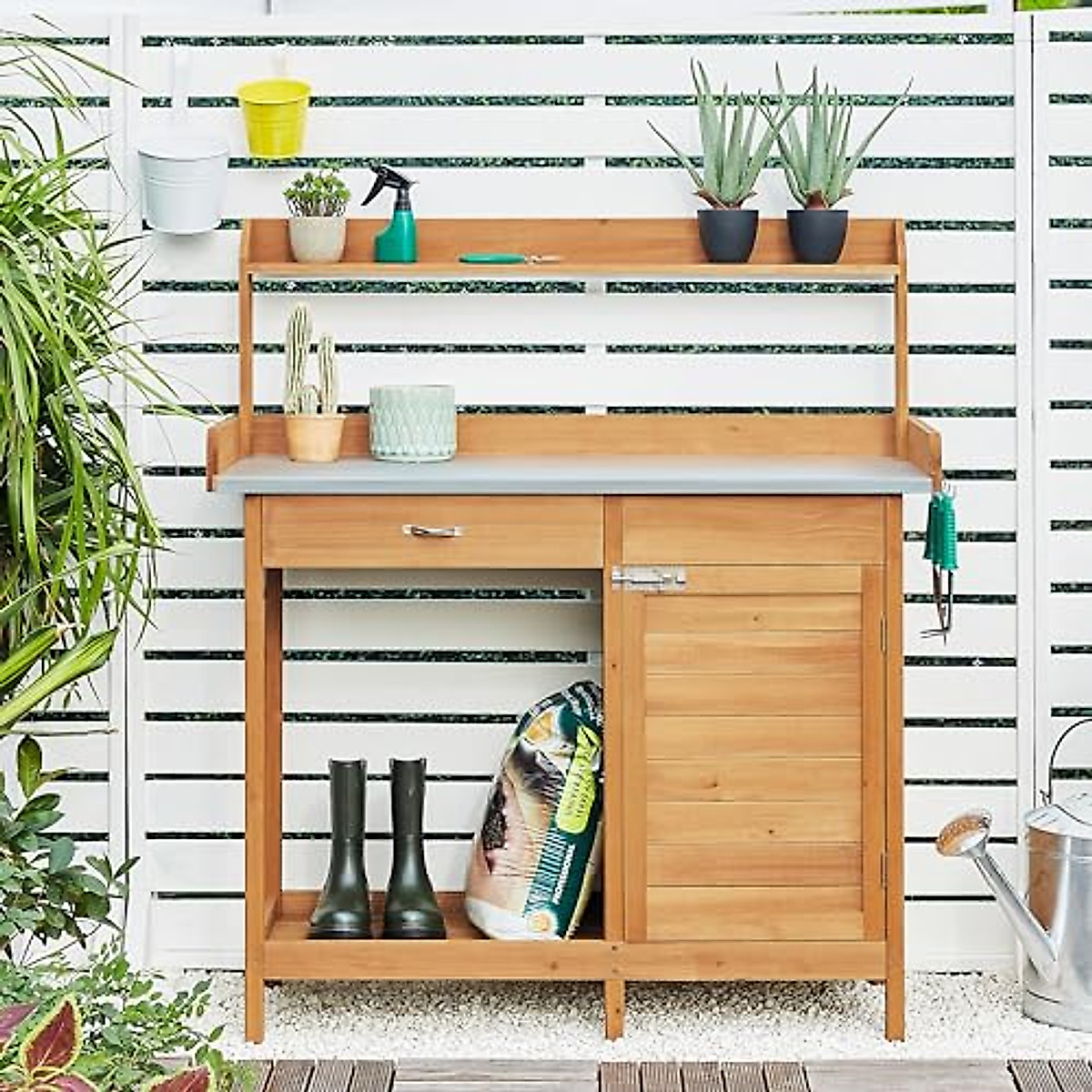Topeakmart Outdoor Potting Bench Table Work Station Garden Planting with Cabinet & Drawer & Top Shelf & Lower Shelf Natural Wood