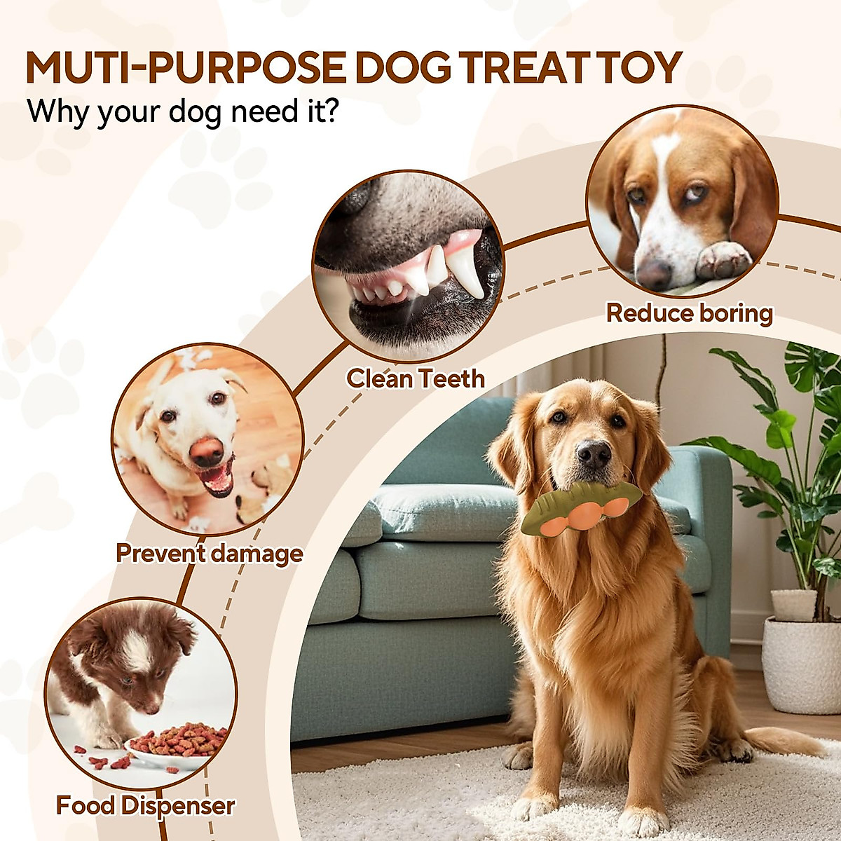 LIFLIX Interactive Treat Dispensing Dog Toy, Durable Rubber Dog Enrichment Toys, Teeth Cleaning Dog Puzzle Chew Toy for Small Medium Large Dogs, Green Soybean Shape