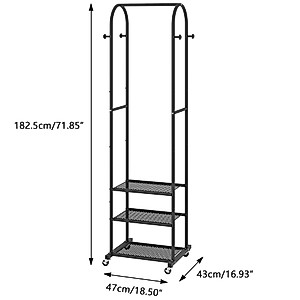 Kaitiemoo Heavy Duty Clothing Rack With Wheels,Modern Garment Rack With 3 Metal Shelves, 71.8Inches Display Rack For Hanging Clothes, Hanging Rod For Small Space,Black