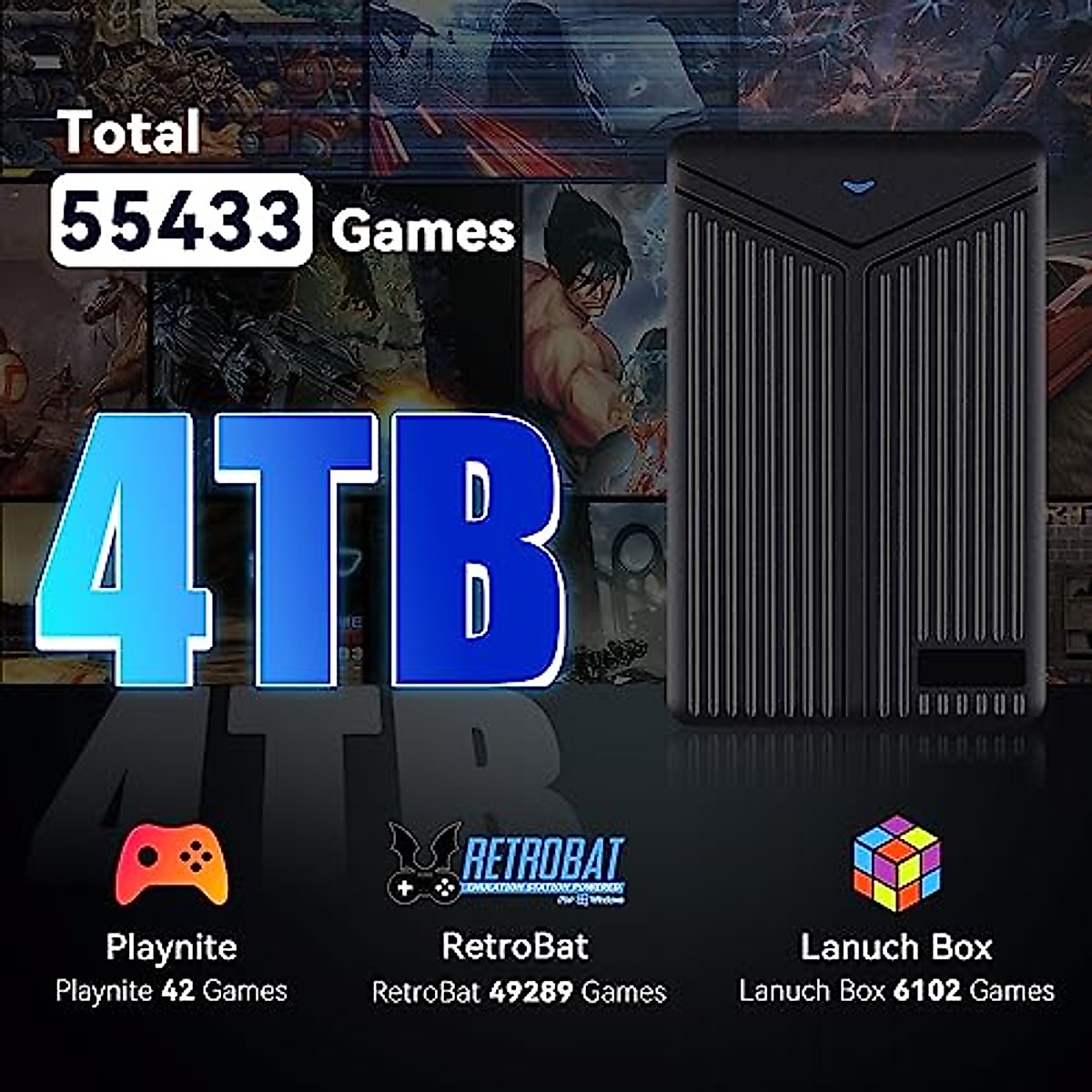 Emulator Console 4T Retro Game Console with built in 55,433 Games, Game Drive Video Game Console Preloaded with Playnite, Launchbox, Retrobat 3 Game System, HDD Hard Drive Plug and Play