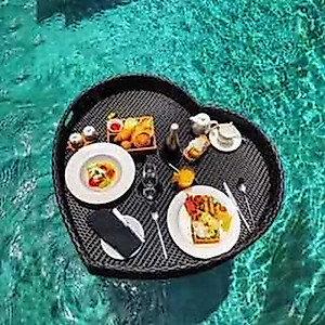 SHUI Rattan Woven Serving Tray, Food Tray with Handles Heart-Shaped Floating Tray Luxury Floating Serving Tray Table Bar Swimming Pool Floating Tray for Pool Serving Drin Black
