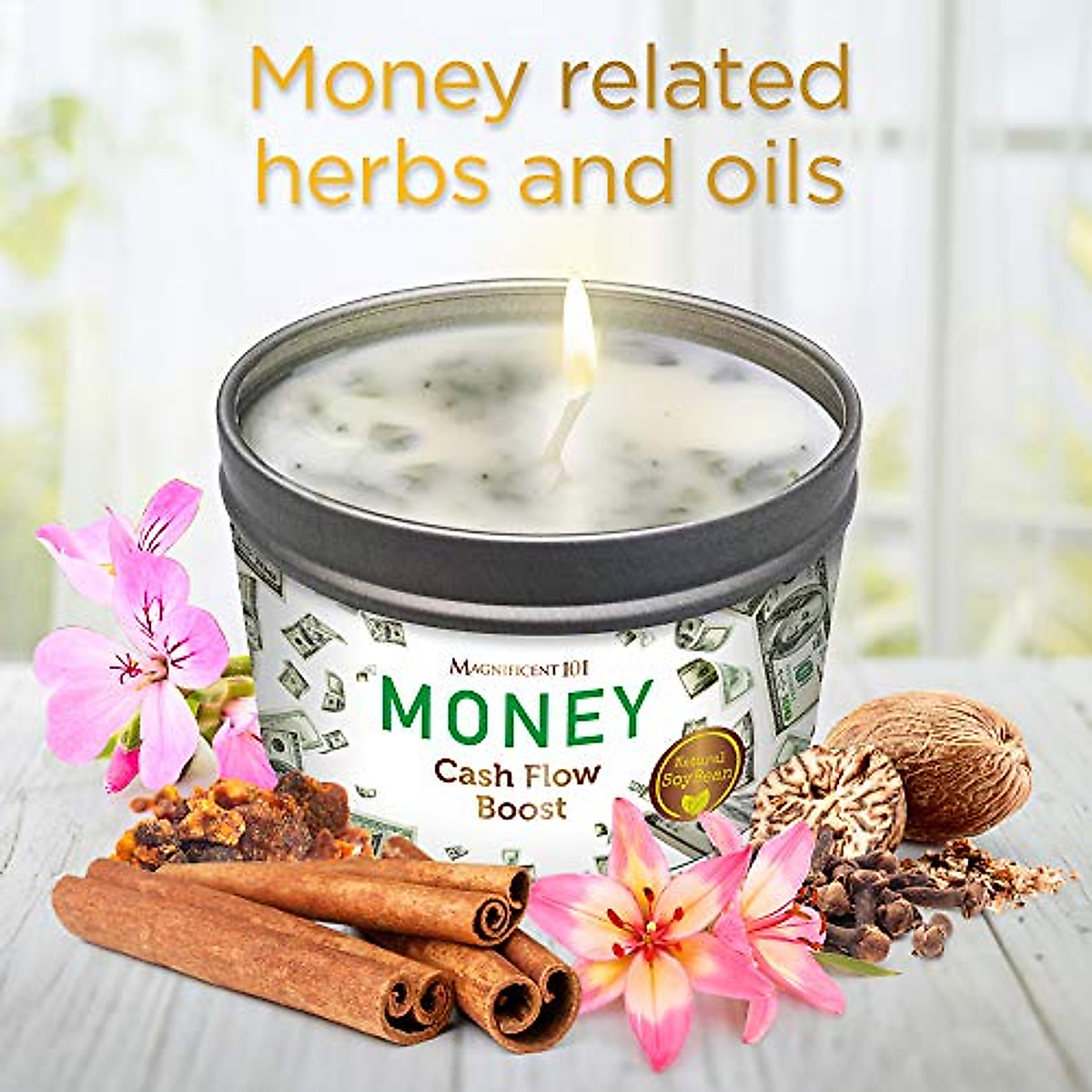 MAGNIFICENT 101 Money Aromatherapy Candle for Getting a Cash Flow Boost - Sage Cinnamon Scented Natural Soybean Wax Tin Candle for Purification and Chakra Healing