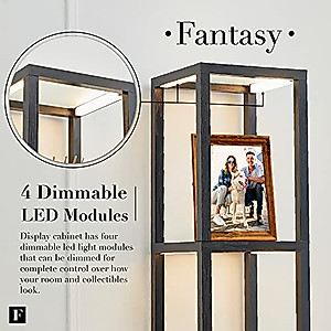 FENLO 66" Luxury Glass Display Shelf with Dimmable LED Floor Lamps, Sturdy Glass Shelves for Bedroom, Curio Cabinet with Glass Bookshelf Display Case, Floor Lamp with Shelves - Fantasy Black