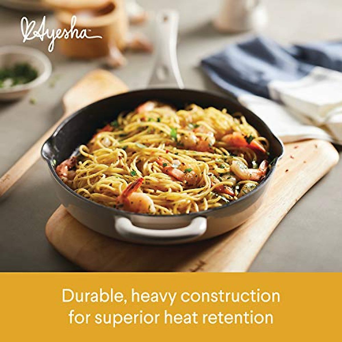 Ayesha Curry Enameled Cast Iron Skillet/Fry Pan with Pour Spouts, 10 Inch, French Vanilla